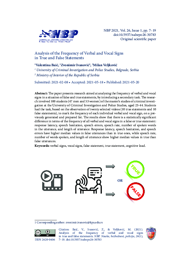 (PDF) Analysis of the frequency of verbal and vocal signs in true and ...