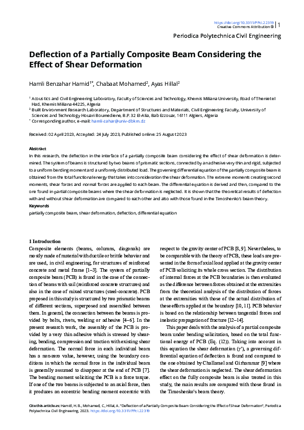 Pdf Deflection Of A Partially Composite Beam Considering The Effect Of Shear Deformation