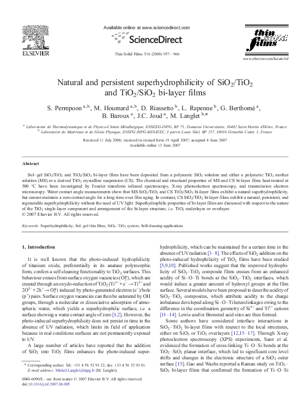 (PDF) Natural and persistent superhydrophilicity of SiO2/TiO2 and TiO2/SiO2 bi-layer films