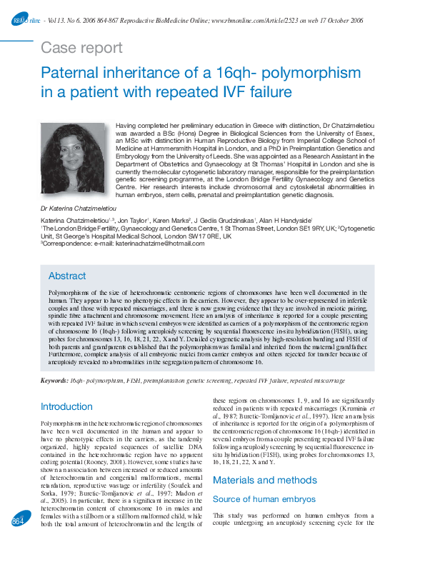 (PDF) Paternal inheritance of a 16qh- polymorphism in a patient with ...