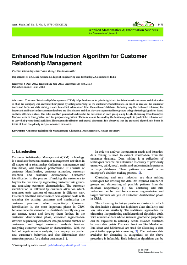 (PDF) Enhanced Rule Induction Algorithm for Customer Relationship Management | Dr Ilango ...