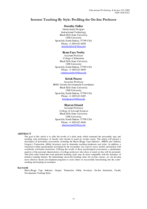 (PDF) Internet Teaching By Style: Profiling the On-line Professor