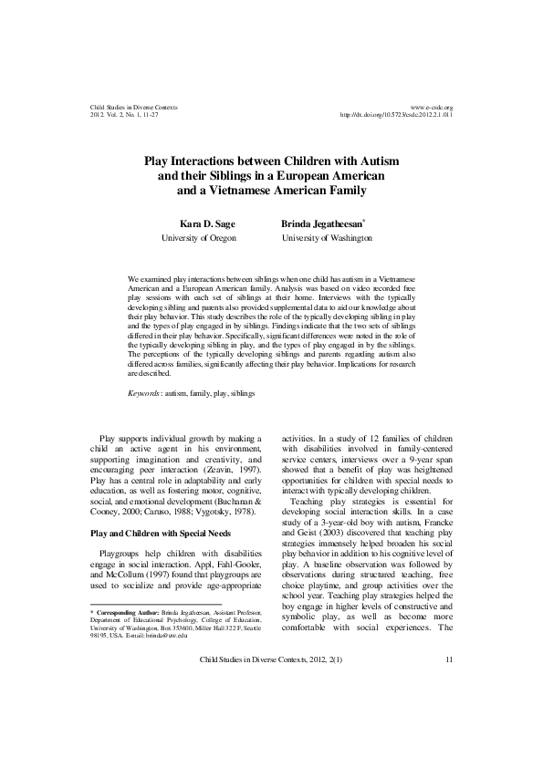 (PDF) Play Interactions between Children with Autism and their Siblings ...