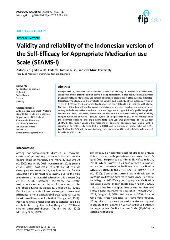 (PDF) Validity and reliability of the Indonesian version of the Self-Efficacy for Appropriate ...