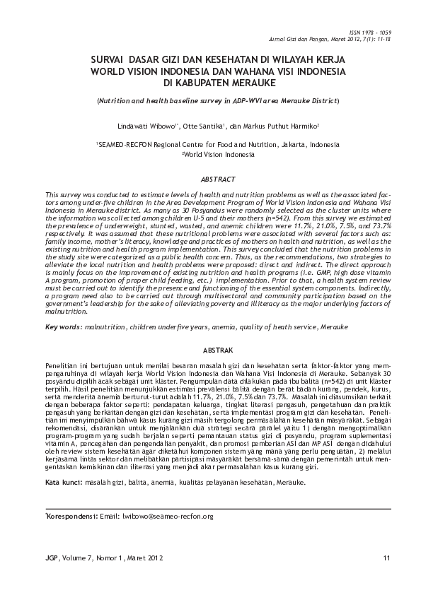 (PDF) Survai Dasar Gizi Dan Kesehatan DI Wilayah Kerja World Vision Indonesia Dan Wahana Visi ...