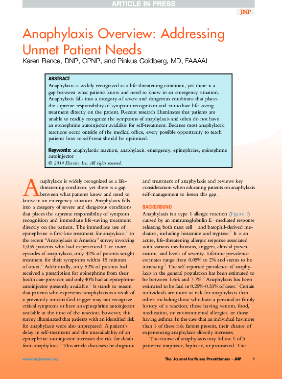 (PDF) Anaphylaxis Overview: Addressing Unmet Patient Needs