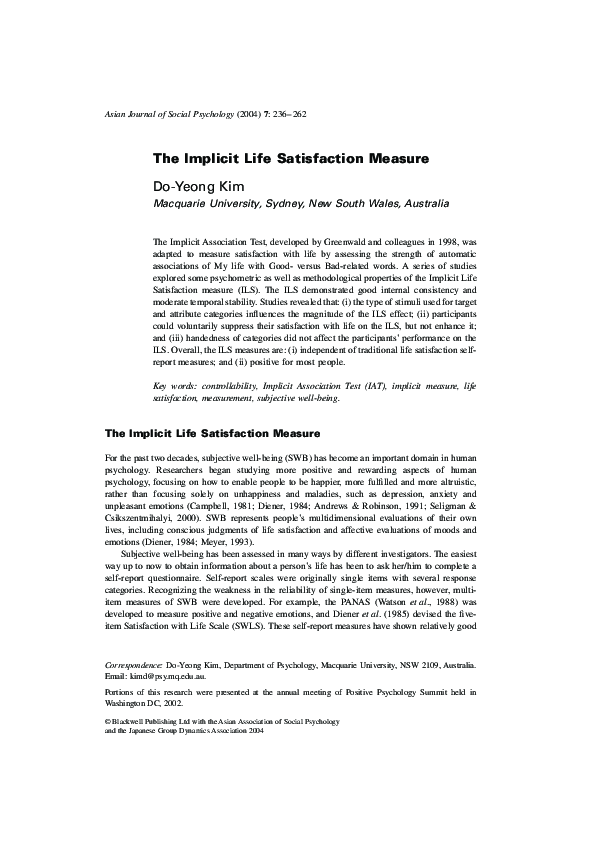 (PDF) The Implicit Life Satisfaction Measure