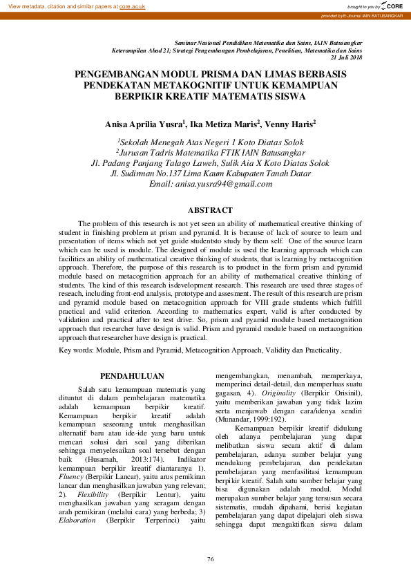 (PDF) Pengembangan Modul Prisma Dan Limas Berbasis Pendekatan Metakognitif Untuk Kemampuan ...