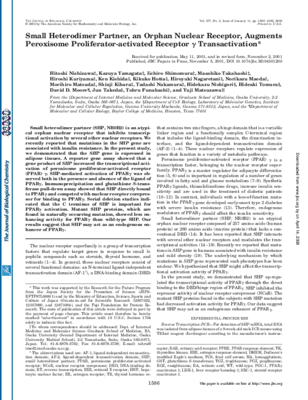 (PDF) Small Heterodimer Partner, an Orphan Nuclear Receptor, Augments ...