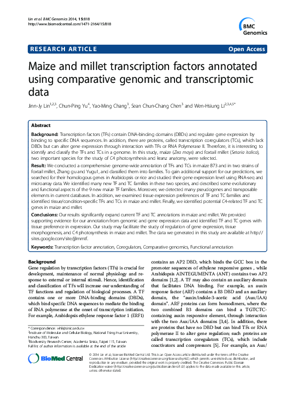 Pdf Maize And Millet Transcription Factors Annotated Using
