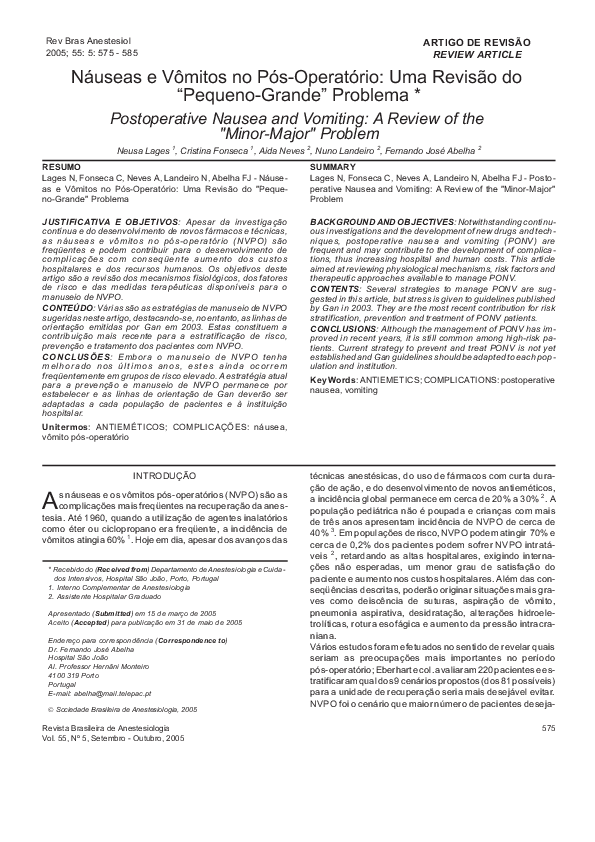(PDF) [Postoperative nausea and vomiting: a review of the 'minor-major ...
