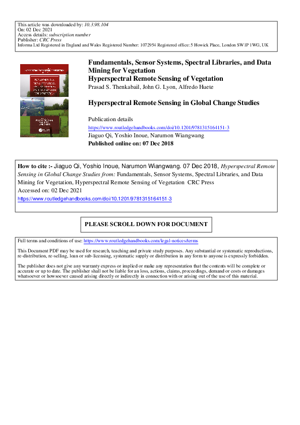 (PDF) Mining for Vegetation Hyperspectral Remote Sensing of Vegetation