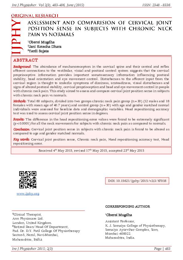 (PDF) ASSESSMENT AND COMPARISION OF CERVICAL JOINT POSITION SENSE IN ...
