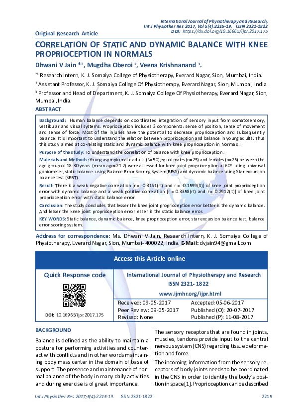 (PDF) Correlation of Static and Dynamic Balance with Knee ...
