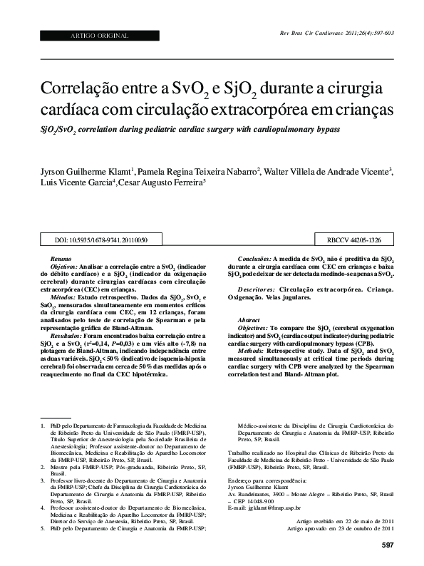 (PDF) Correlação entre a SvO2 e SjO2 durante a cirurgia cardíaca com ...