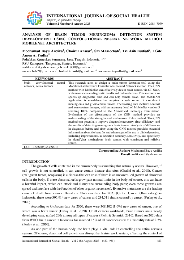 Pdf Analysis Of Brain Tumor Meningioma Detection System Development Using Convolutional Neural