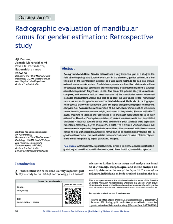 (PDF) Radiographic evaluation of mandibular ramus for gender estimation: Retrospective study