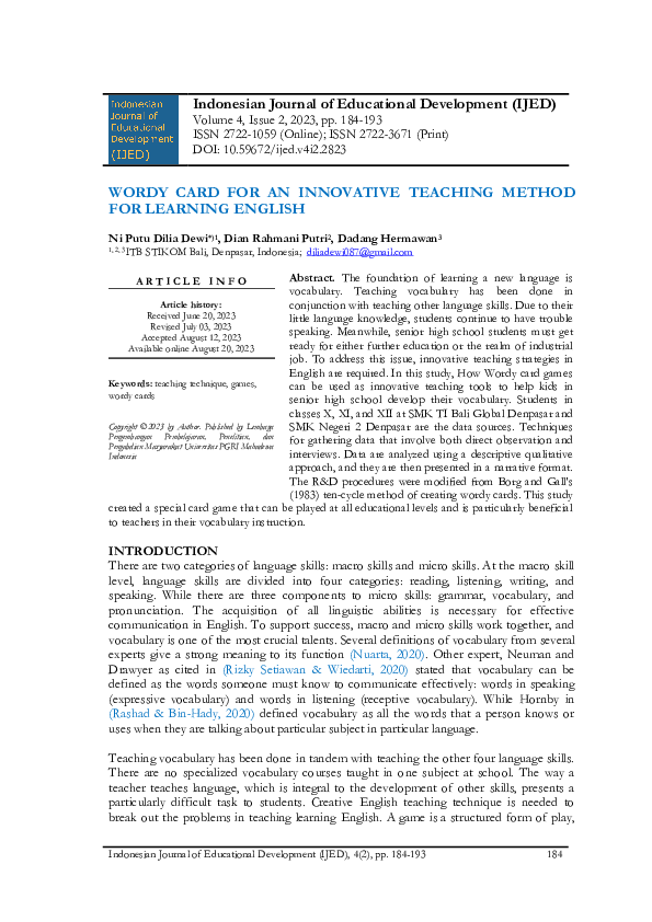 (PDF) Wordy Wordy Card for an Innovative Teaching Method for Learning ...