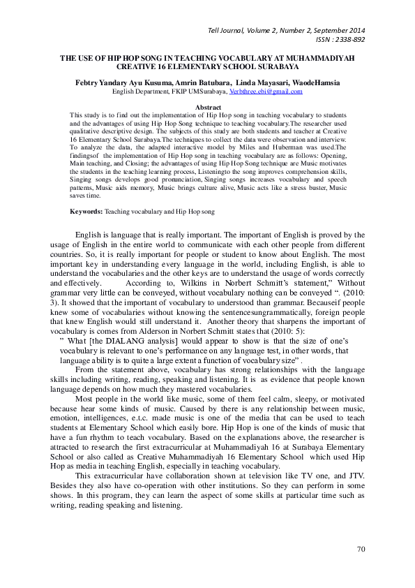 (PDF) The Use Of Hip Hop Song In Teaching vocabulary At Muhammadiyah ...