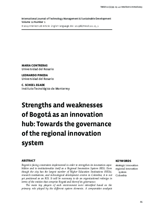 (PDF) Strengths and weaknesses of Bogotá as an innovation hub: Towards ...
