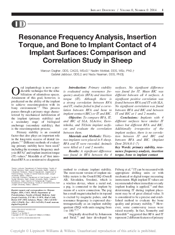 (PDF) Resonance frequency analysis, insertion torque, and bone to ...