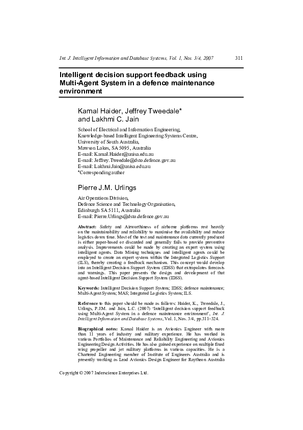(PDF) Intelligent decision support feedback using Multi-Agent System in a defence maintenance ...
