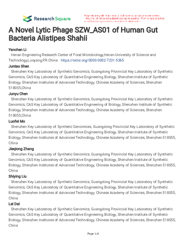 (PDF) A Novel Lytic Phage SZW_AS01 of Human Gut Bacteria Alistipes Shahii