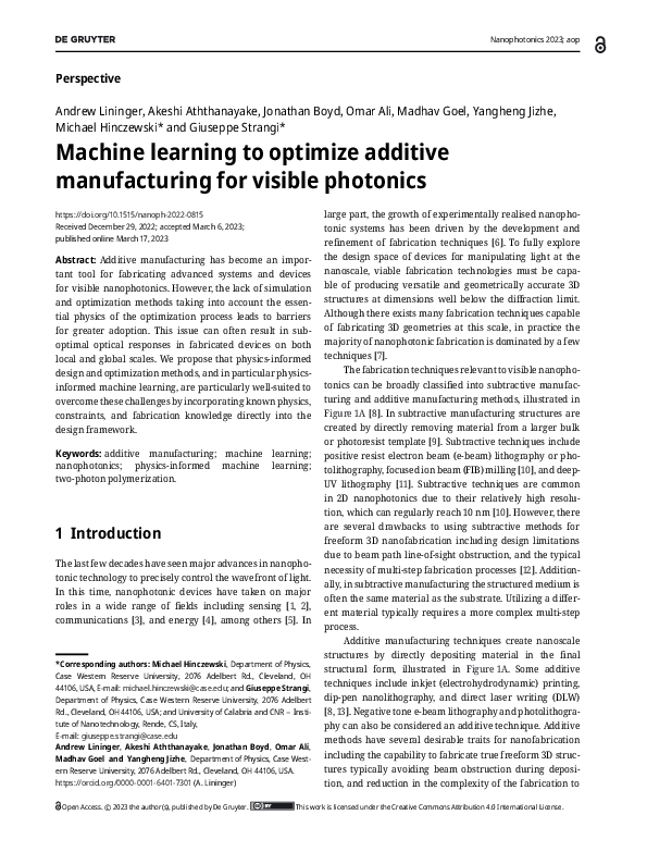 (PDF) Machine learning to optimize additive manufacturing for visible photonics
