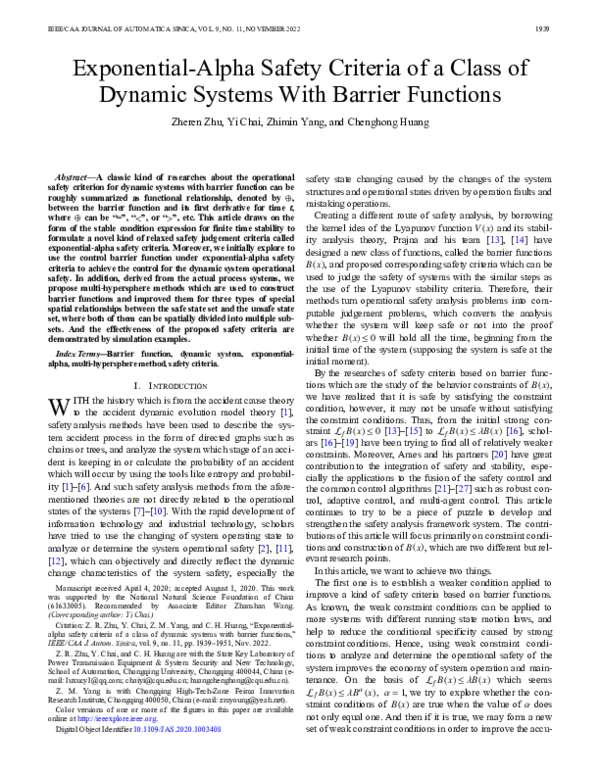(PDF) Exponential-Alpha Safety Criteria of a Class of Dynamic Systems With Barrier Functions