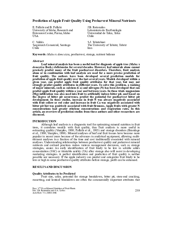 (PDF) Prediction of Apple Fruit Quality Using Preharvest Mineral Nutrients