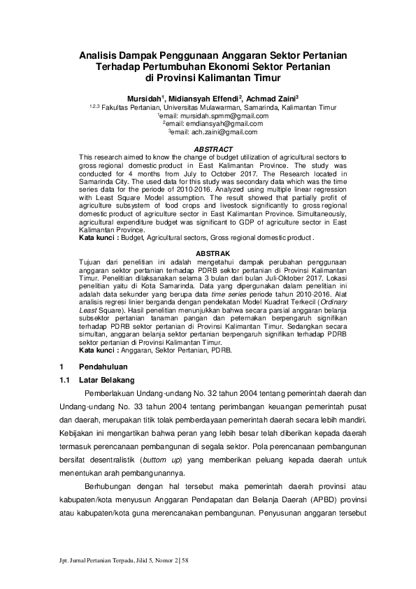 (PDF) Analisis Dampak Penggunaan Anggaran Sektor Pertanian Terhadap Pertumbuhan Ekonomi Sektor ...