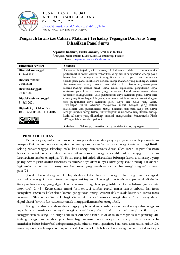 (PDF) Pengaruh Intensitas Cahaya Matahari Terhadap Tegangan Dan Arus Yang Dihasilkan Panel Surya