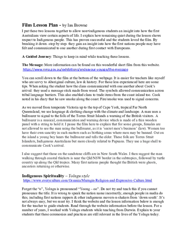 (PDF) THE MESSAGE: Indigenous Australia - Film Lesson Plan - by Ian Browne