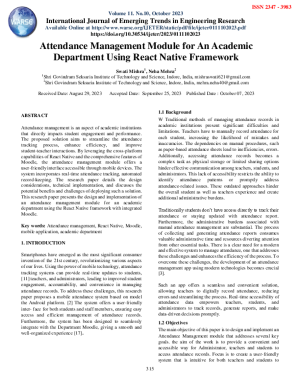 (PDF) Attendance Management Module for An Academic Department Using React Native Framework