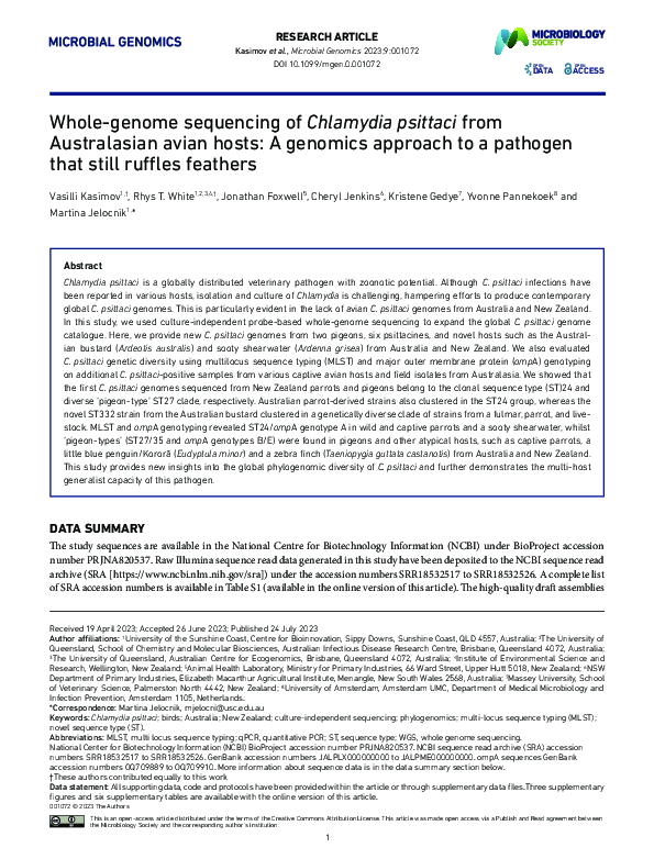 (PDF) Whole-genome sequencing of Chlamydia psittaci from Australasian ...