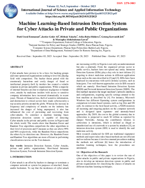 Pdf Machine Learning Based Intrusion Detection System For Cyber Attacks In Private And Public