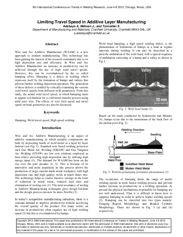 (PDF) Limiting Travel Speed in Additive Layer Manufacturing