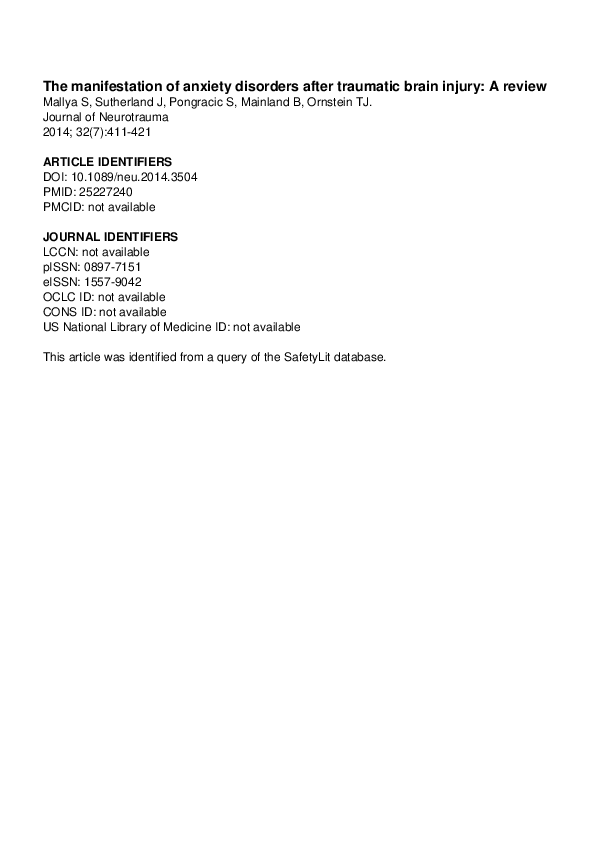 (PDF) The Manifestation of Anxiety Disorders after Traumatic Brain ...