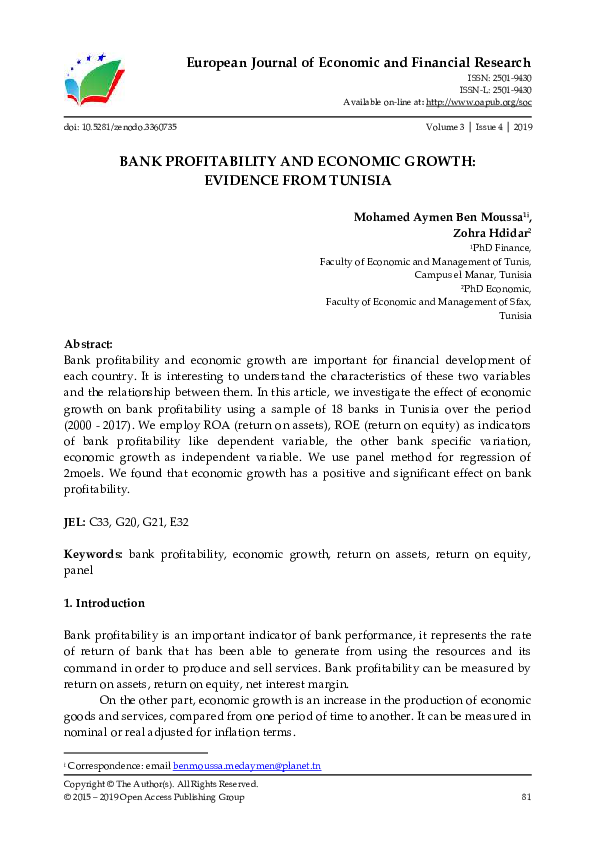 (PDF) Bank Profitability and Economic Growth: Evidence from Tunisia