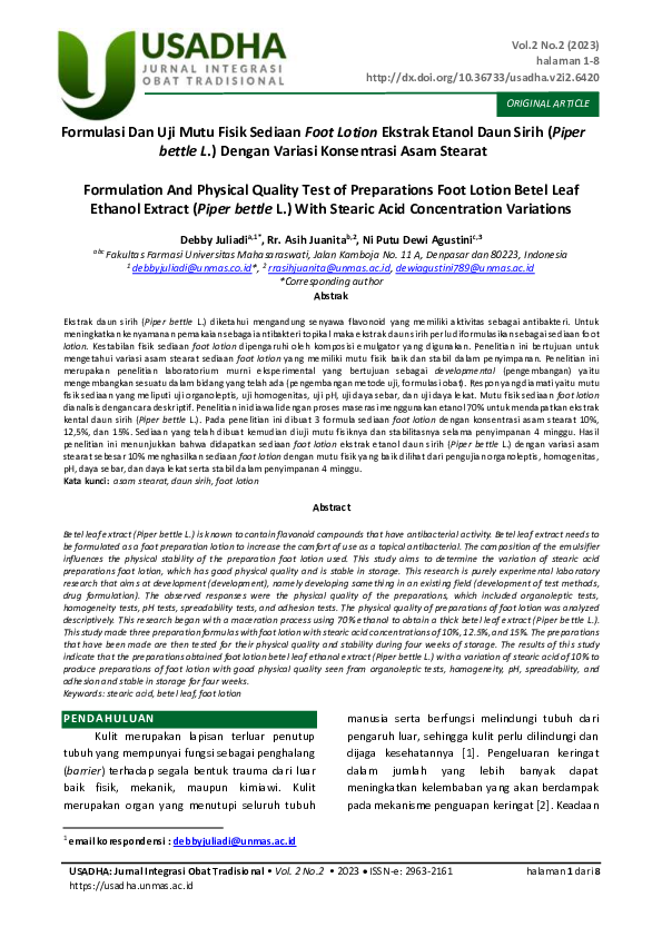 (PDF) Formulasi Dan Uji Mutu Fisik Sediaan Foot Lotion Ekstrak Etanol Daun Sirih (Piper bettle L ...