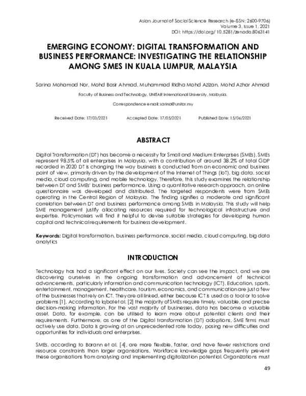 (PDF) Emerging Economy: Digital Transformation and Business Performance: Investigating the ...
