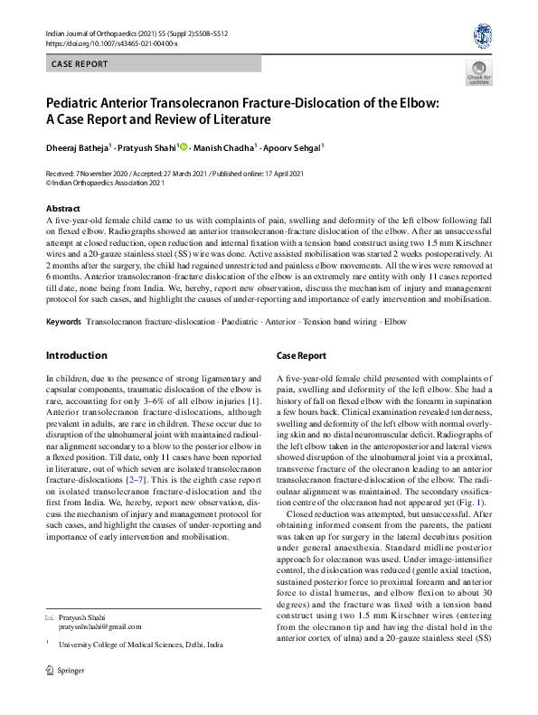 Pdf Pediatric Anterior Transolecranon Fracture Dislocation Of The Elbow A Case Report And
