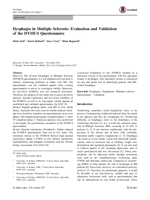 Pdf Dysphagia In Multiple Sclerosis Evaluation And Validation Of The Dymus Questionnaire