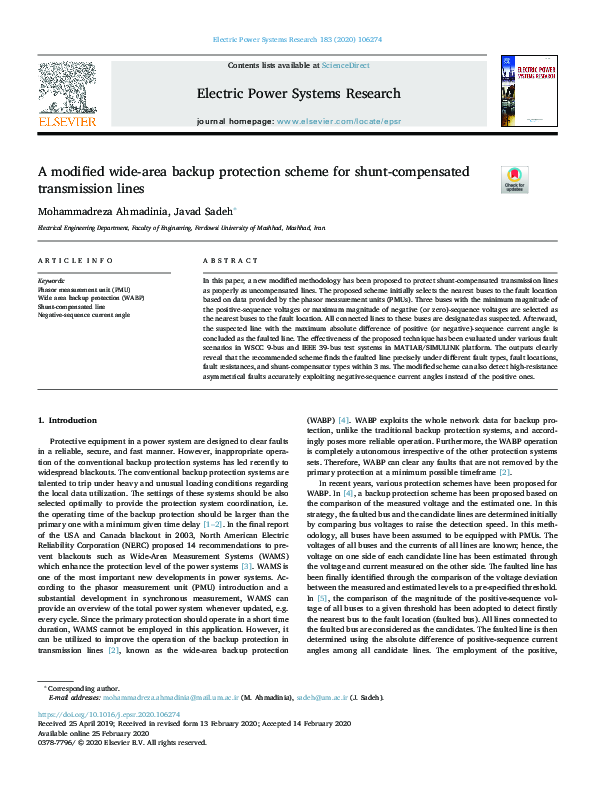 Pdf A Modified Wide Area Backup Protection Scheme For Shunt Compensated Transmission Lines