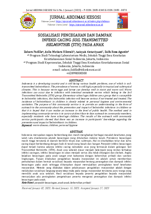 (PDF) Sosialisasi Pencegahan Dan Dampak Infeksi Cacing Soil Transmitted Helminthes (STH) Pada Anak