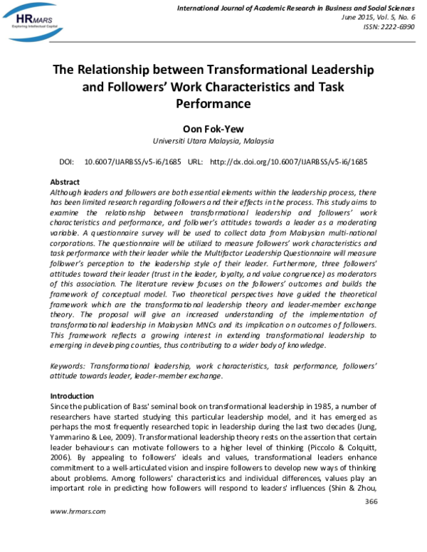 (PDF) The Relationship between Transformational Leadership and Followersâ Work Characteristics ...
