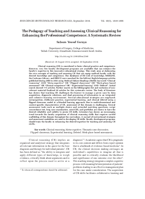 (PDF) The Pedagogy of Teaching and Assessing Clinical Reasoning for ...