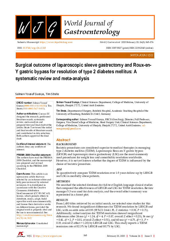 (PDF) Surgical outcome of laparoscopic sleeve gastrectomy and Roux-en-Y gastric bypass for ...
