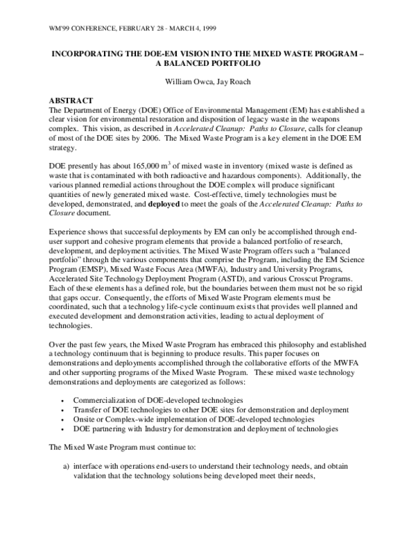 (PDF) Incorporating the Doe-Em Vision Into the Mixed Waste Program - a ...