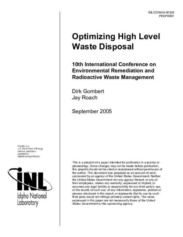 (PDF) Optimizing High Level Waste Disposal 10th International ...